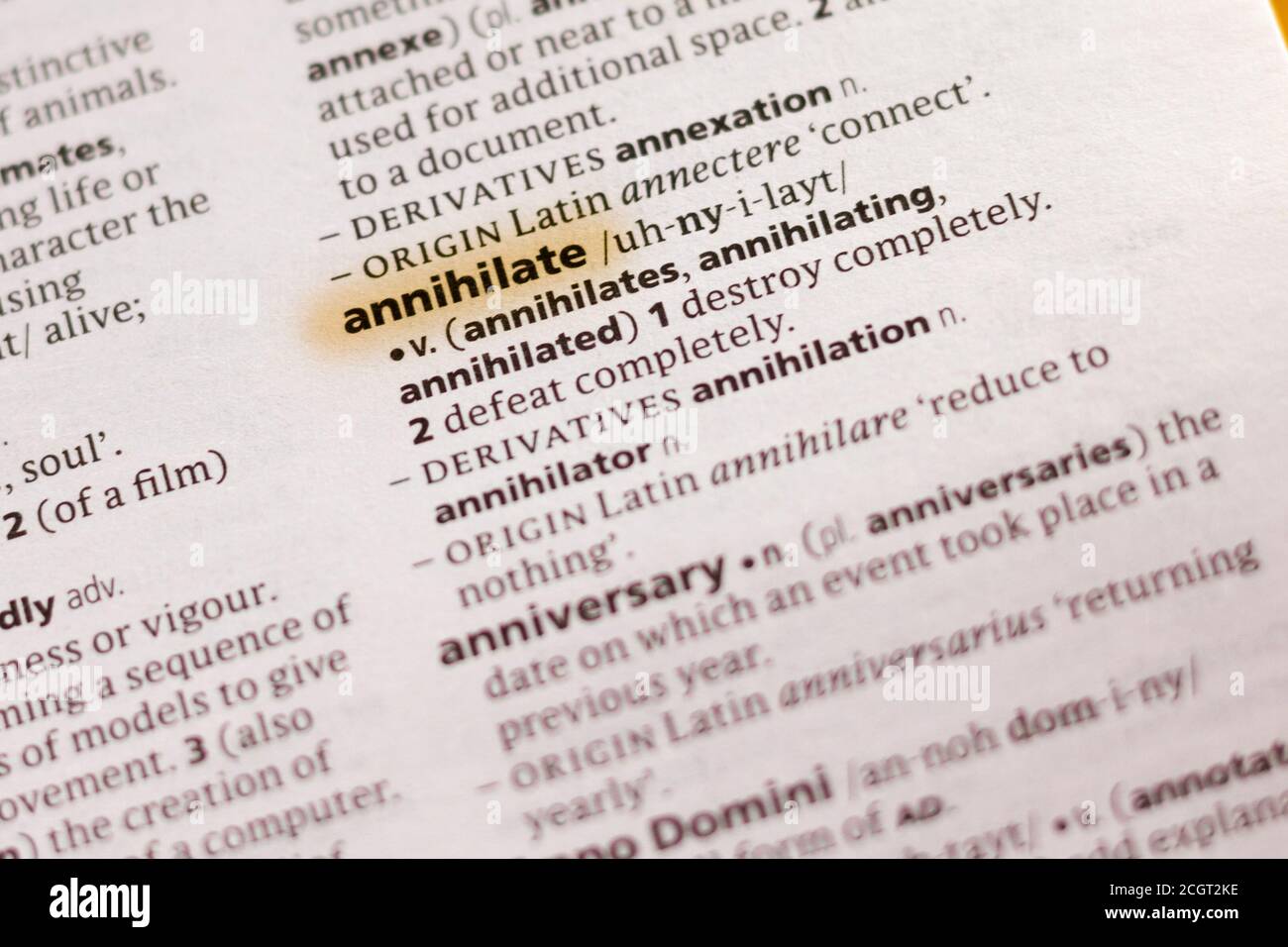 The word or phrase Annihilate in a dictionary highlighted with marker ...