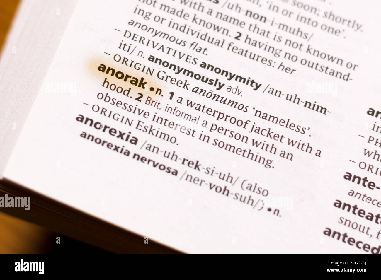 The word or phrase Anorak in a dictionary highlighted with marker Stock ...