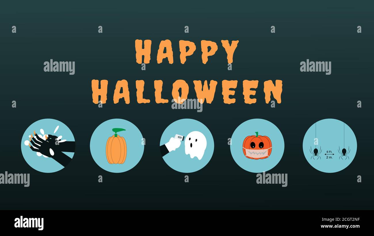 Concept of happy halloween and new normal in coronavirus pandemic. Hand ...
