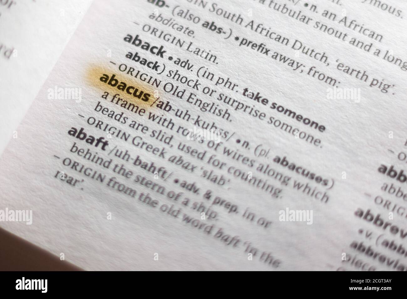 The word or phrase Abacus in a dictionary highlighted with marker Stock ...