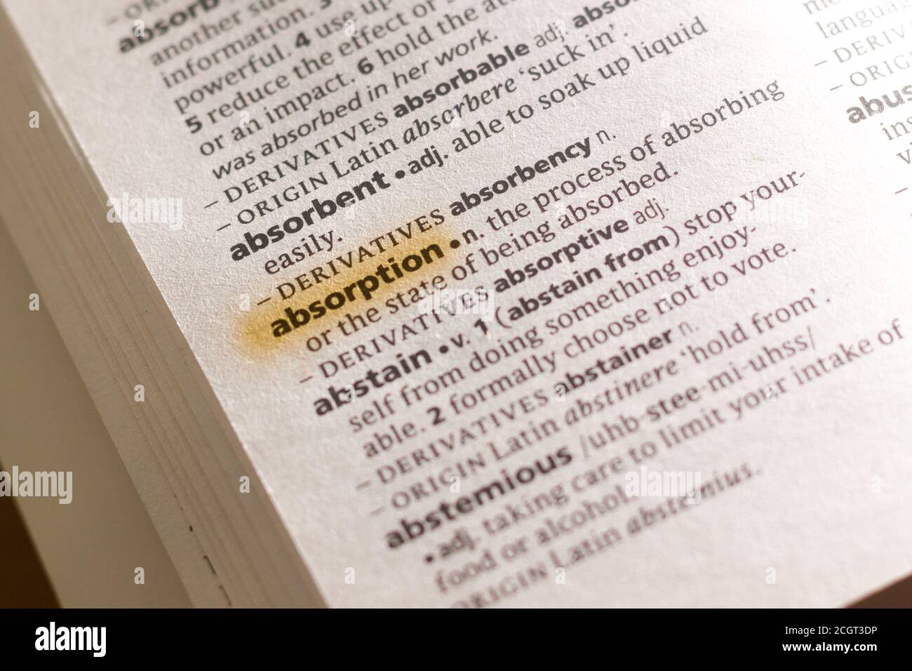 The word or phrase Absorption in a dictionary highlighted with marker ...