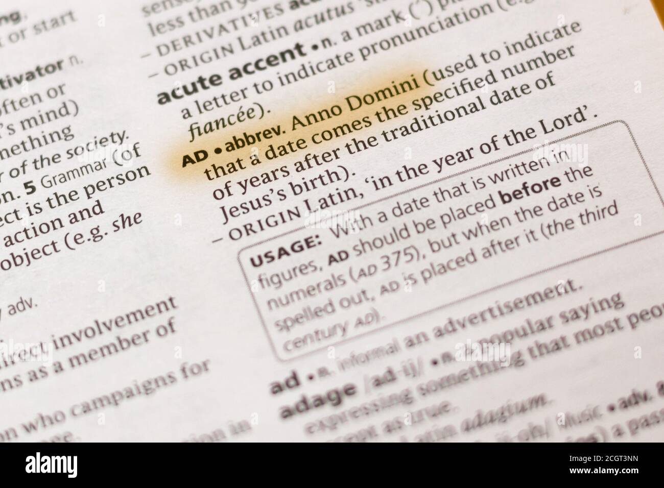 The word or phrase Ad in a dictionary highlighted with marker Stock ...