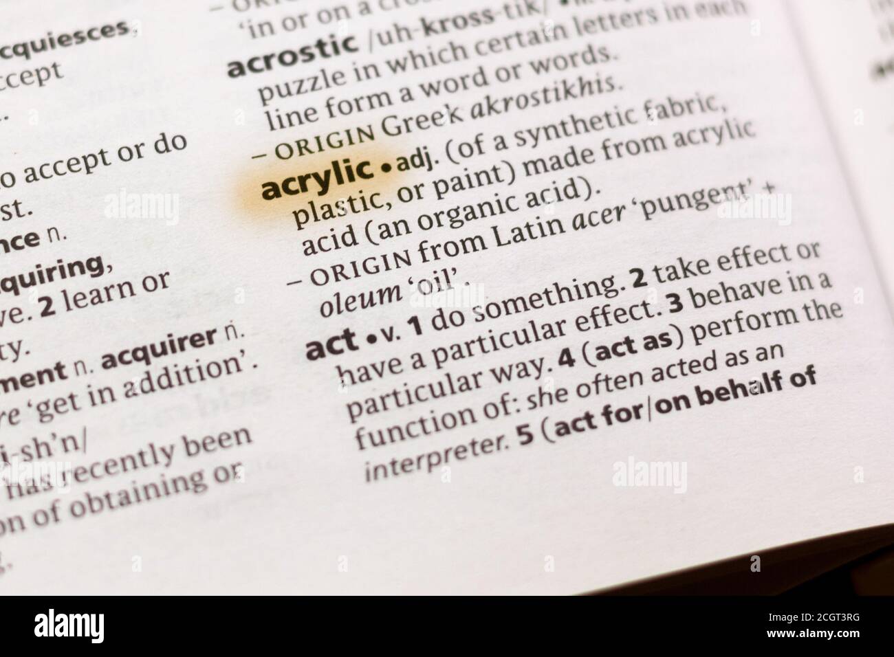 The word or phrase Acrylic in a dictionary highlighted with marker ...