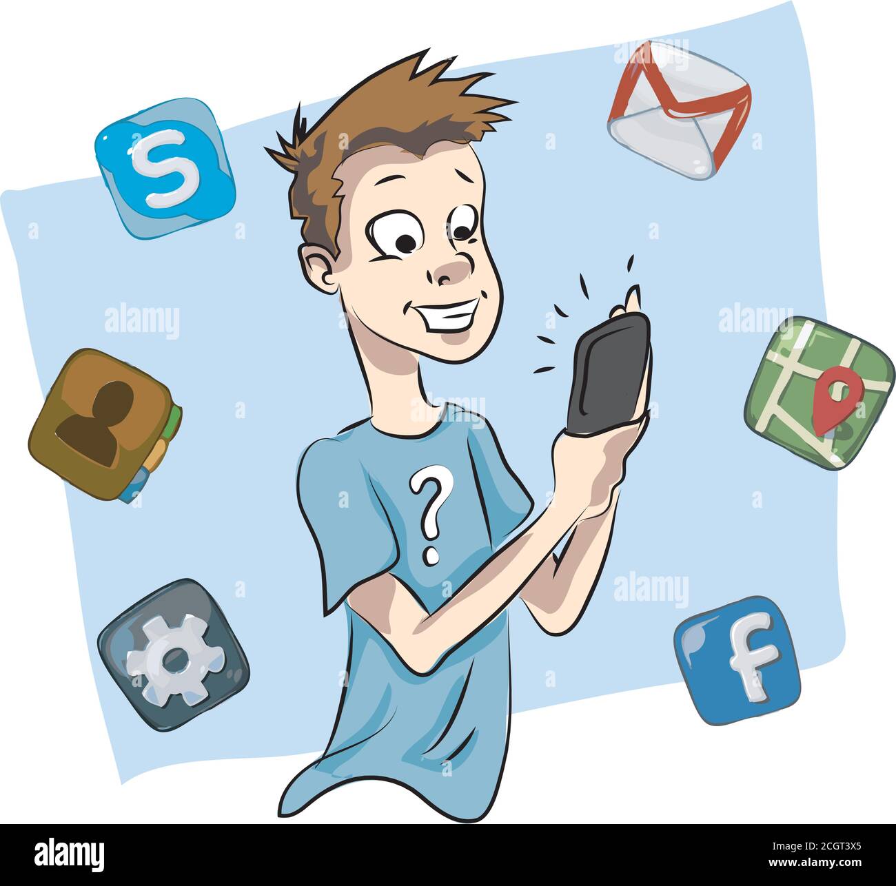 Young men surrounded by his gadgets. Man using many electronic gadgets ...