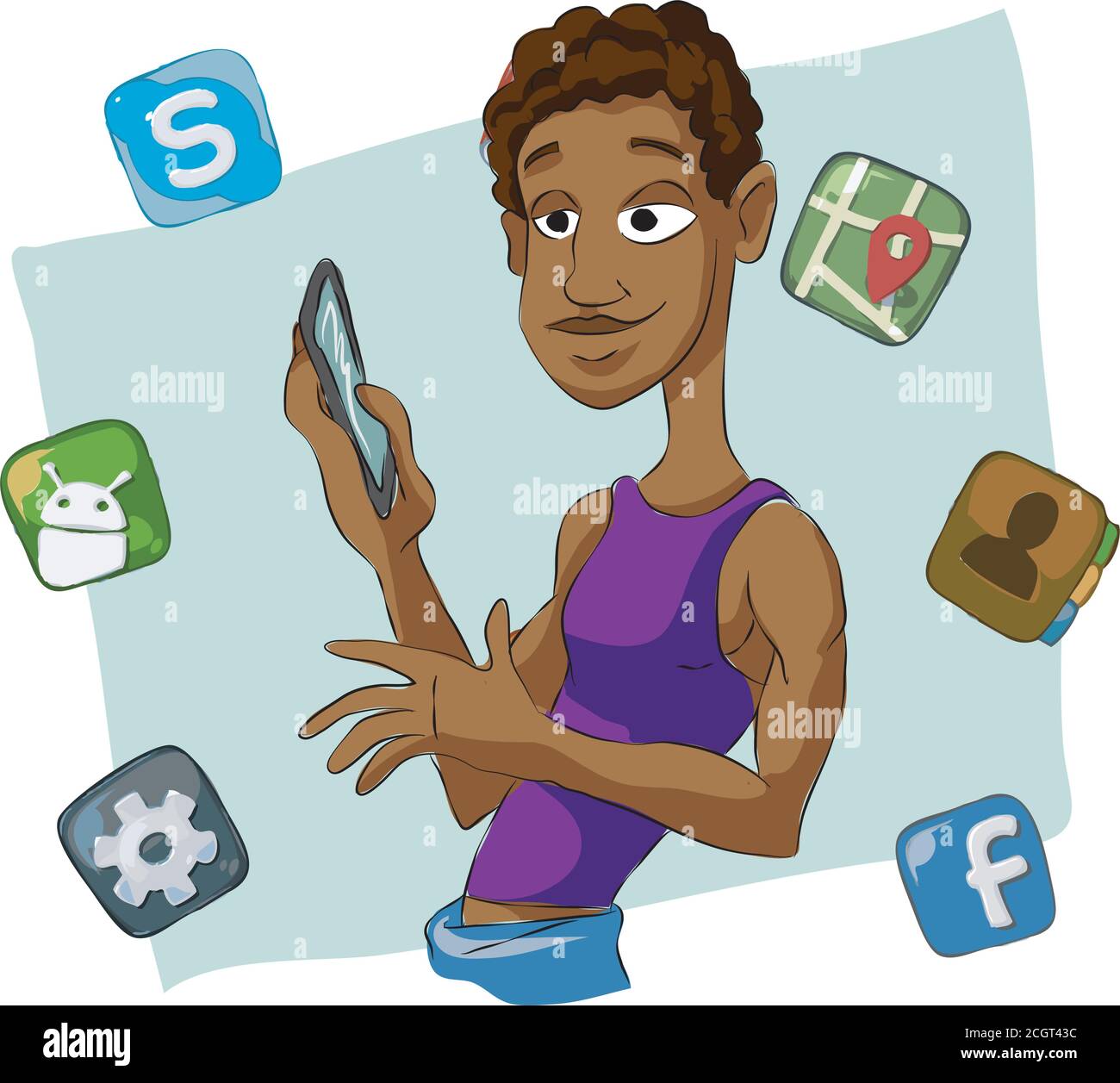 Young men surrounded by his gadgets. Man using many electronic gadgets ...