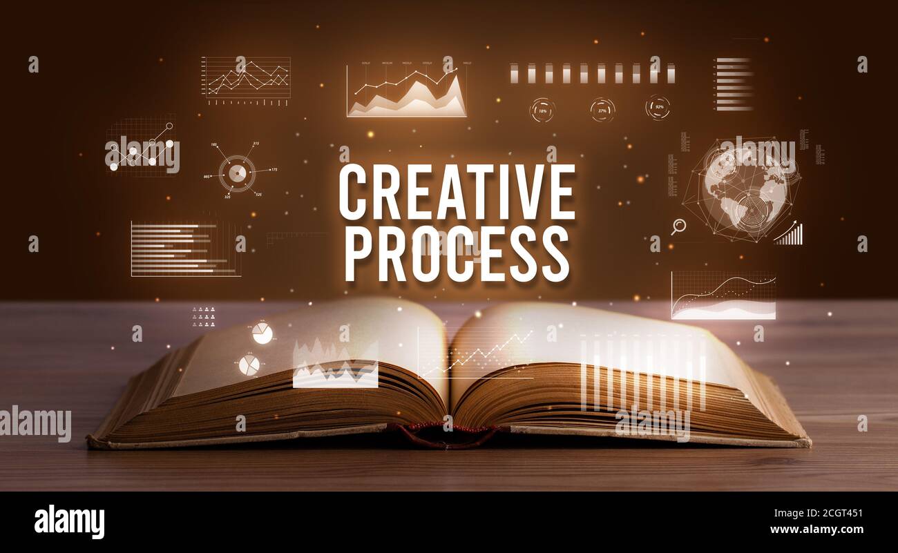CREATIVE PROCESS inscription coming out from an open book, creative ...