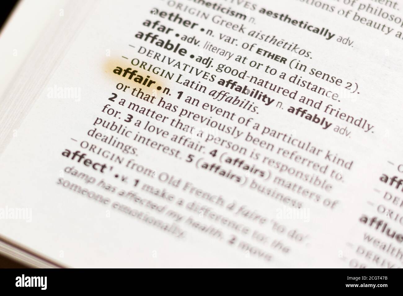 The word or phrase Affair in a dictionary highlighted with marker Stock ...