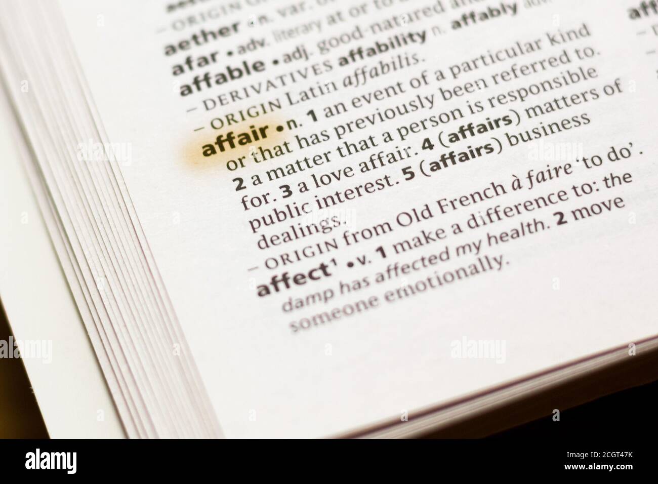 The word or phrase Affair in a dictionary highlighted with marker Stock ...