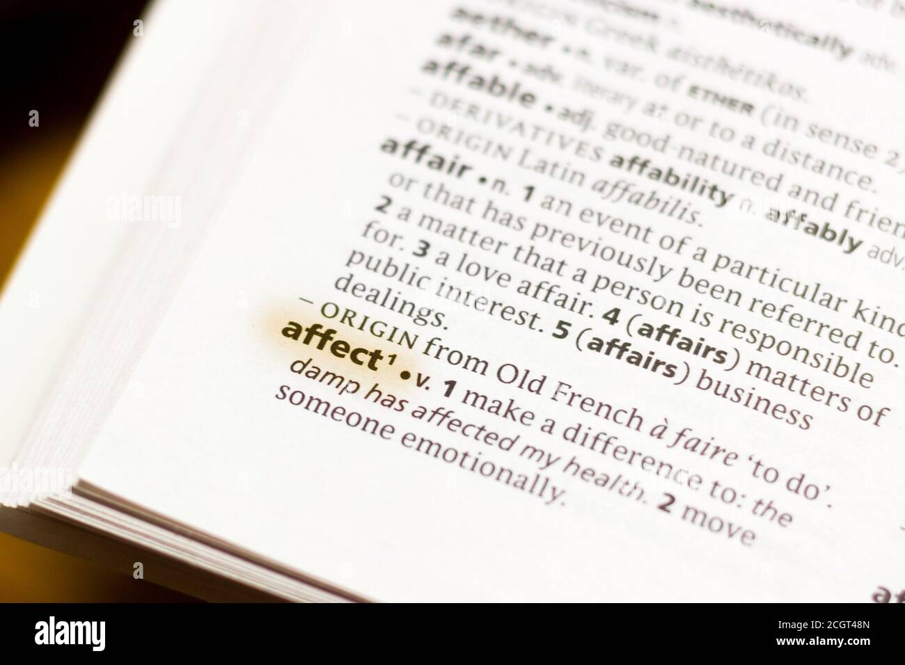 The word or phrase Affect in a dictionary highlighted with marker Stock ...