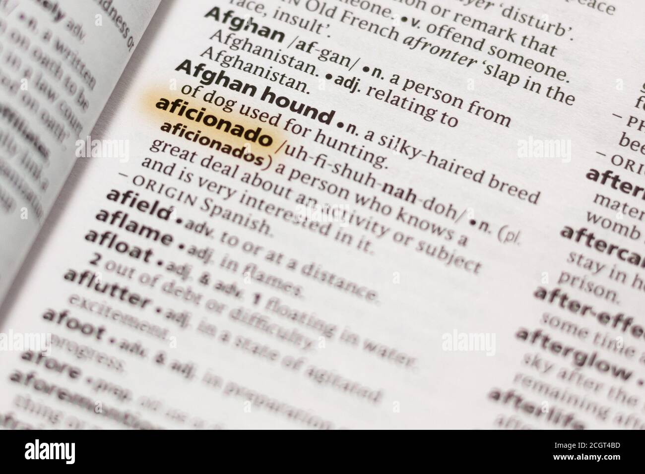 The word or phrase Aficionado in a dictionary highlighted with marker ...
