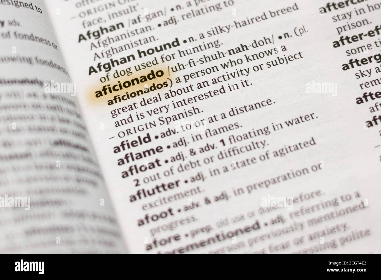 The word or phrase Aficionado in a dictionary highlighted with marker ...