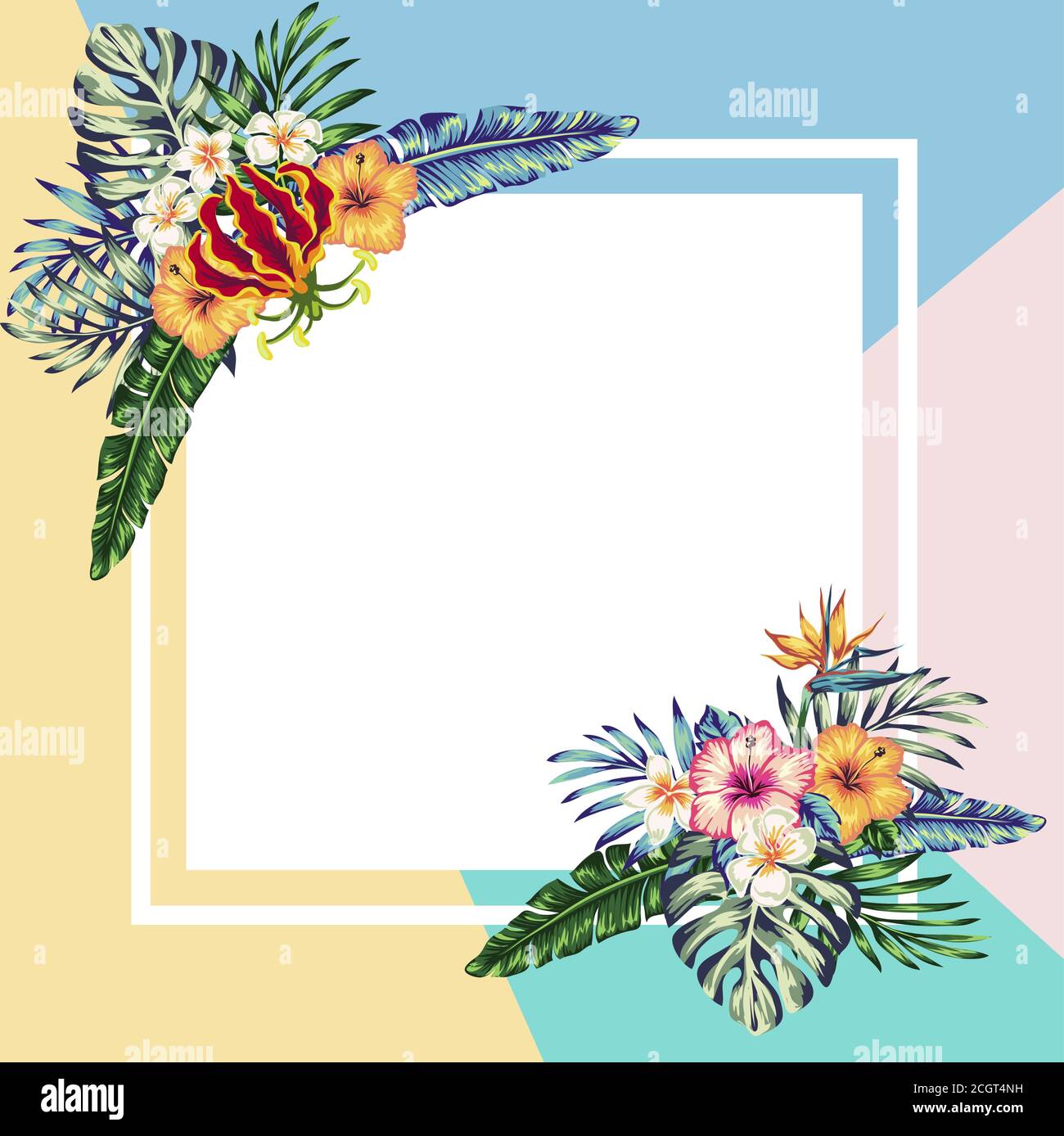 frame of tropical flowers and palm leaves for posts in social networks ...