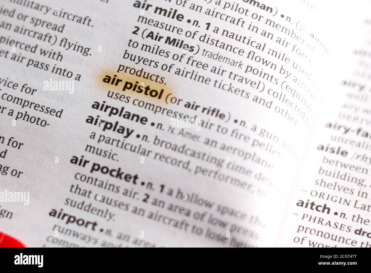 The word or phrase Air Pistol in a dictionary highlighted with marker ...