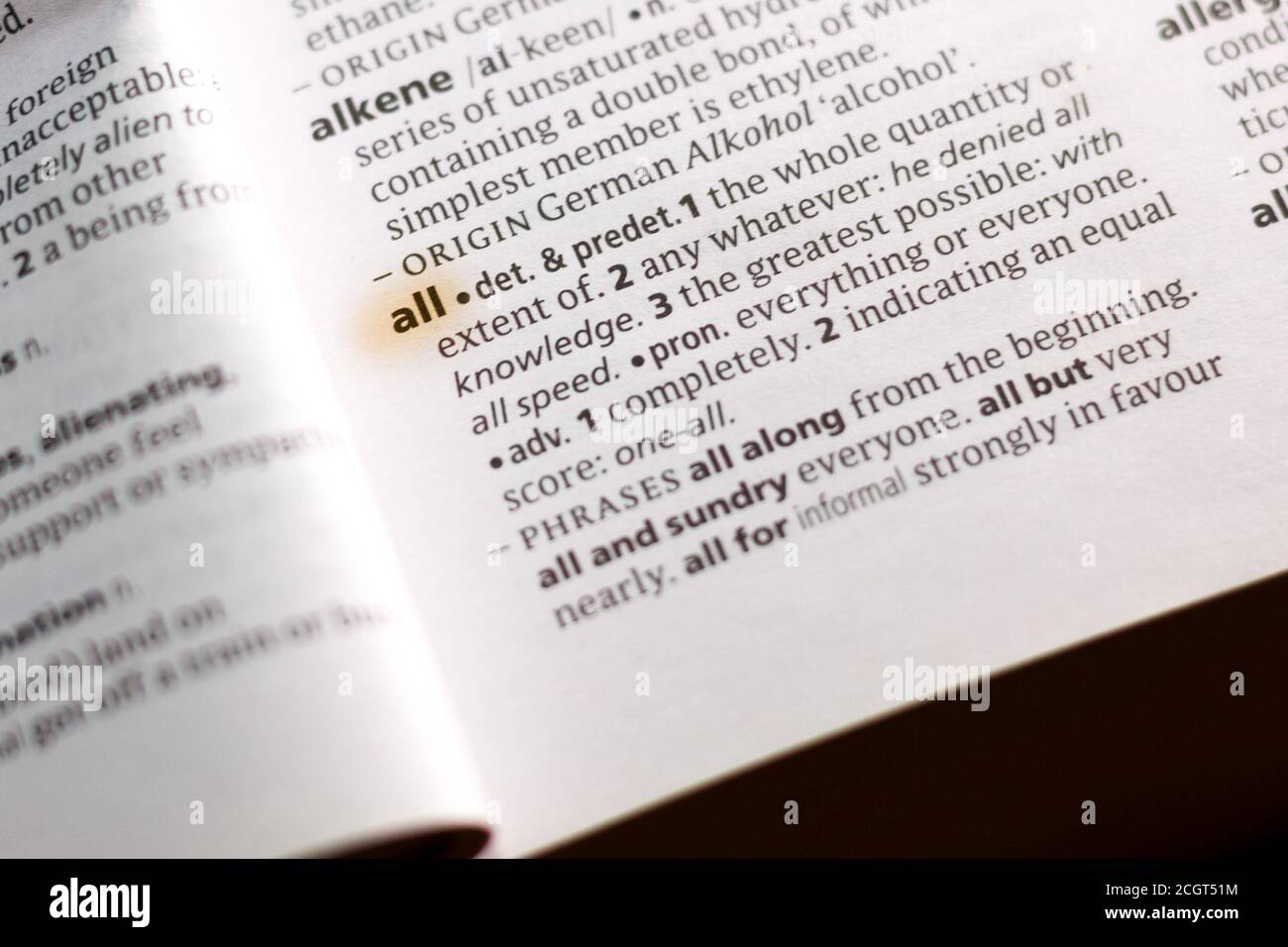 The word or phrase All in a dictionary highlighted with marker Stock ...