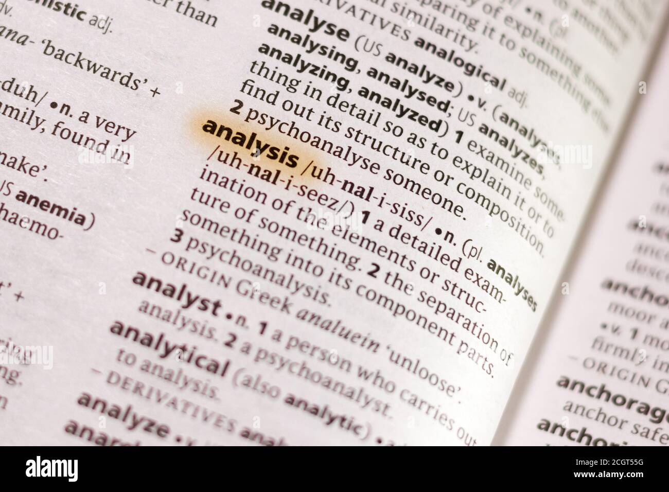 The word or phrase Analysis in a dictionary highlighted with marker ...