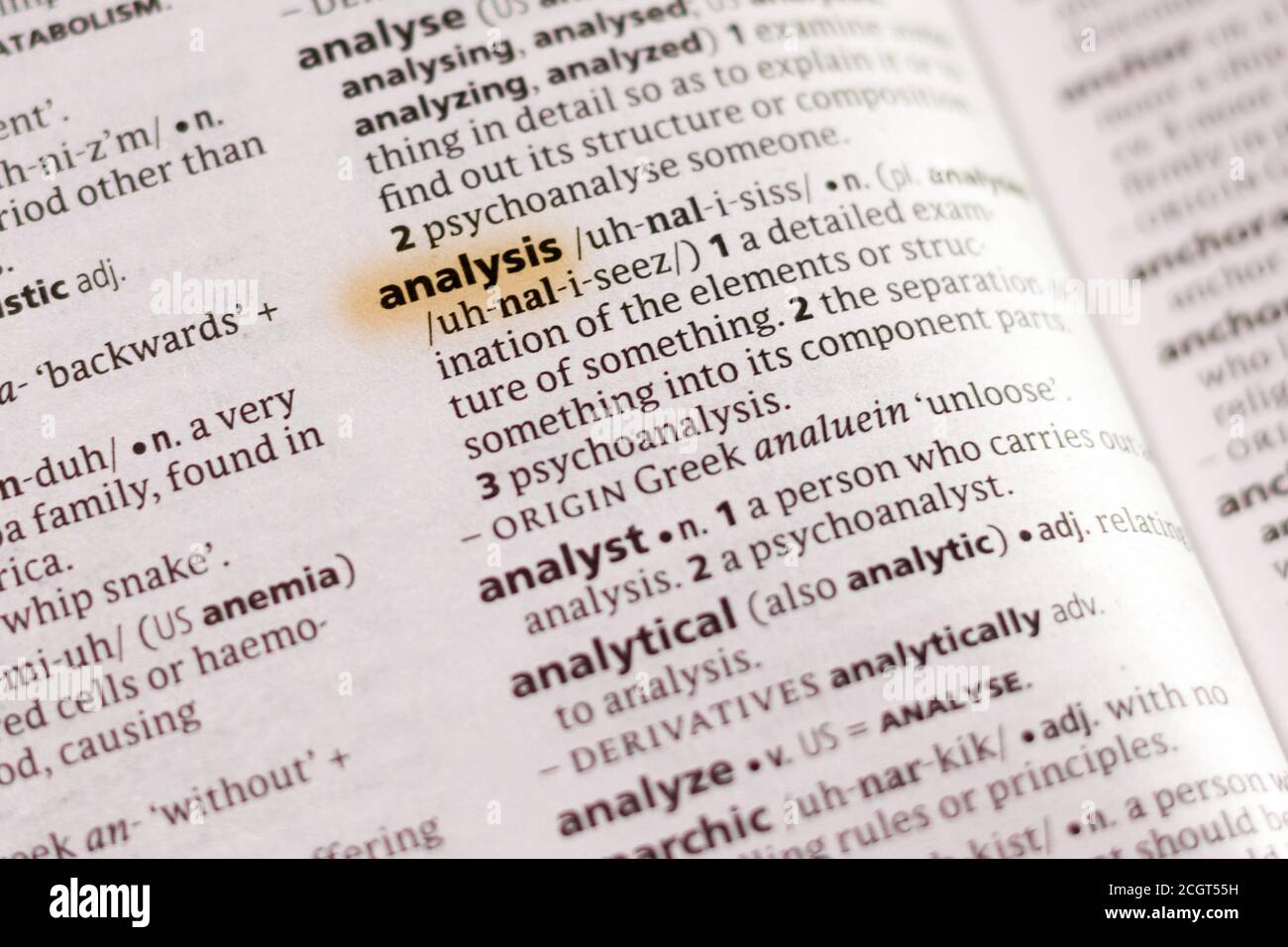The word or phrase Analysis in a dictionary highlighted with marker ...