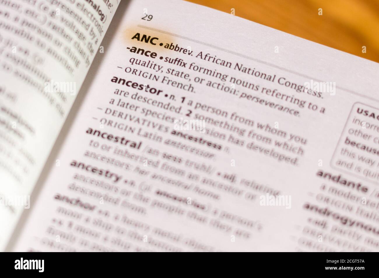 The word or phrase Anc in a dictionary highlighted with marker Stock ...