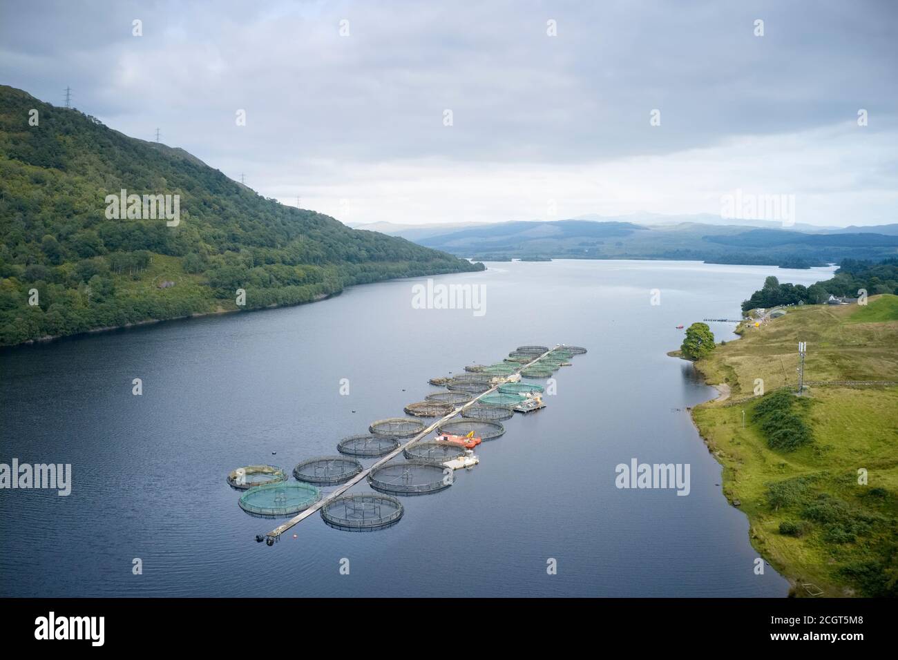 Fish farm salmon round nets in natural environment Loch Awe Arygll and ...