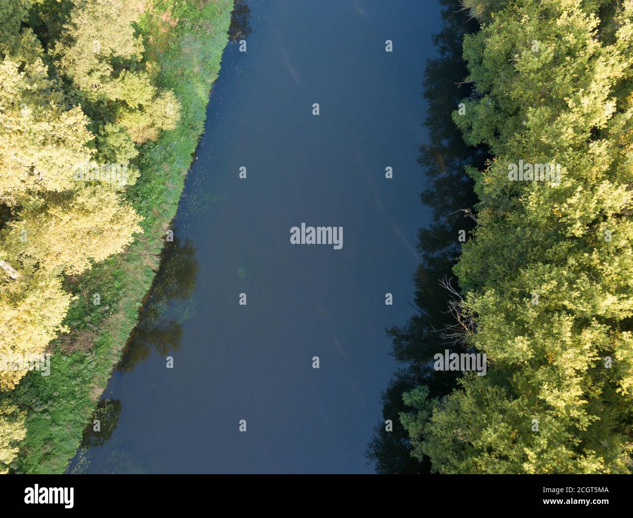 Top view of the river with turns of meanders and green forests in ...