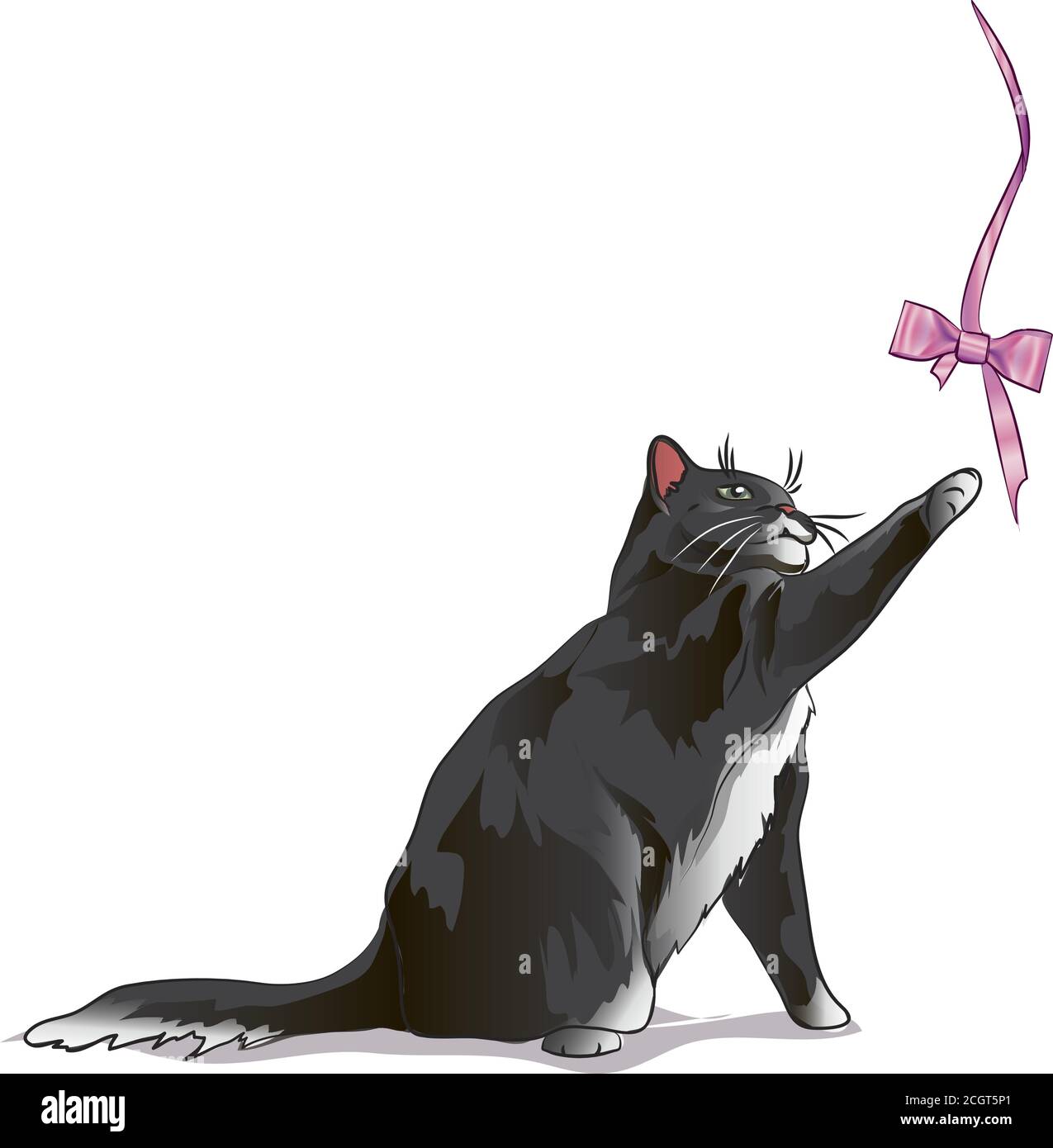 cute cartoon cat playing with bow. kittens looking up to bow on rope ...