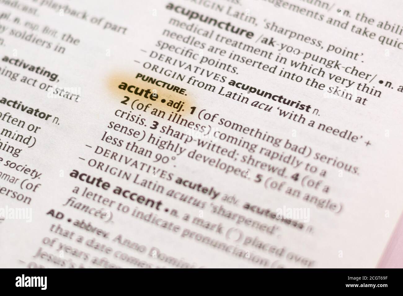 The word or phrase Acute in a dictionary highlighted with marker Stock ...
