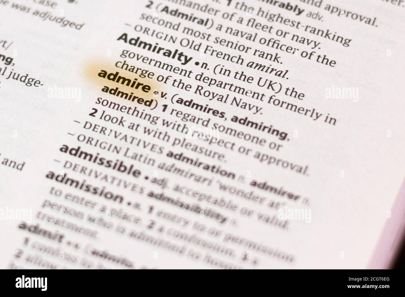 The word or phrase Admire in a dictionary highlighted with marker Stock ...
