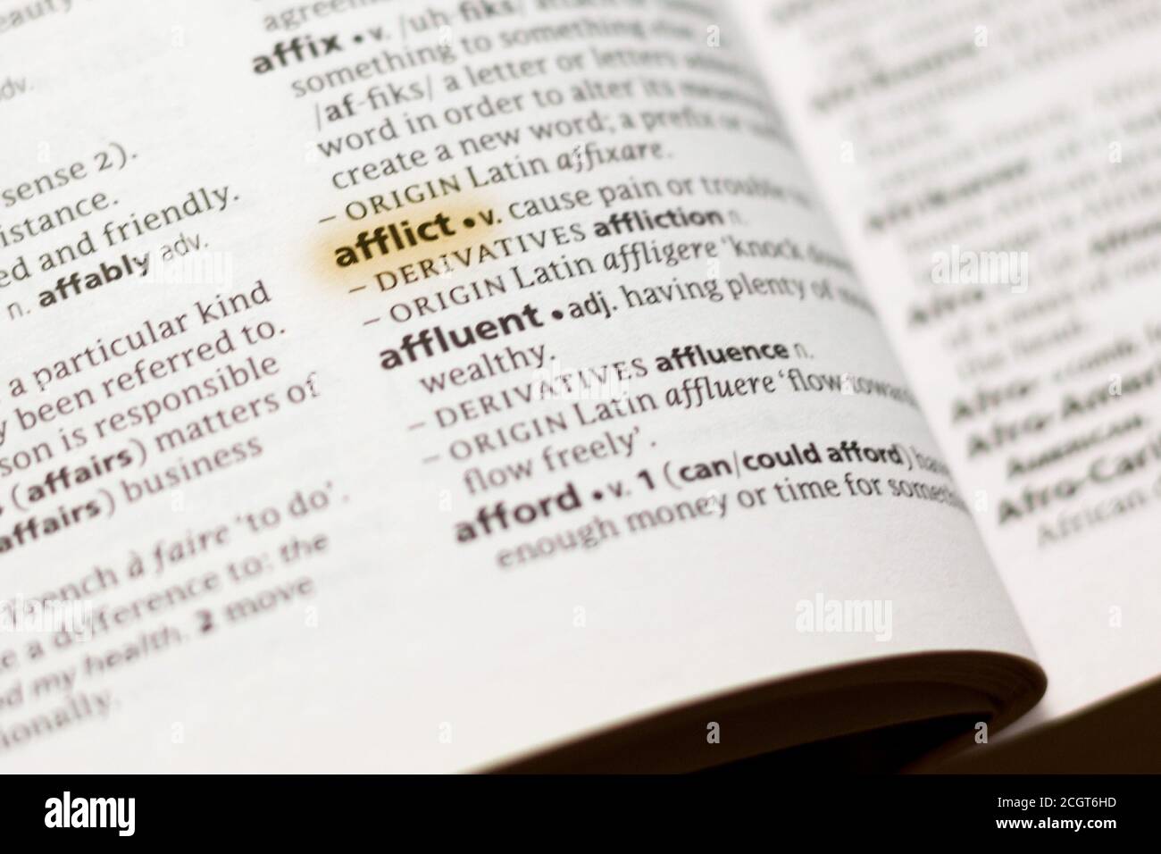 The word or phrase Affict in a dictionary highlighted with marker Stock ...