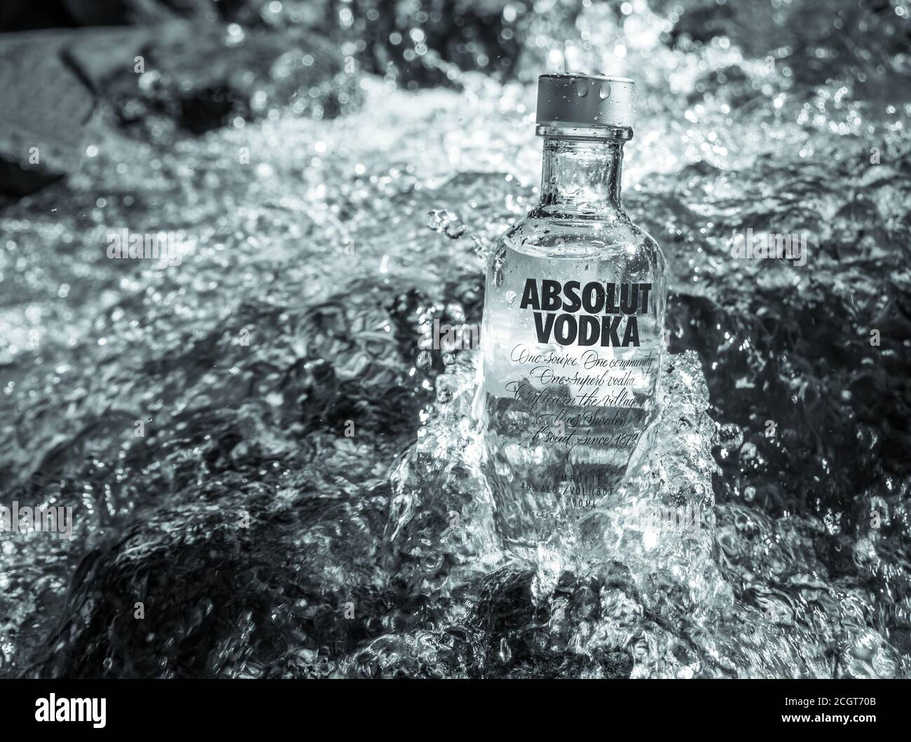 Brasov/Romania - 08.28.2020: A bottle of Absolut Vodka in the waters of ...