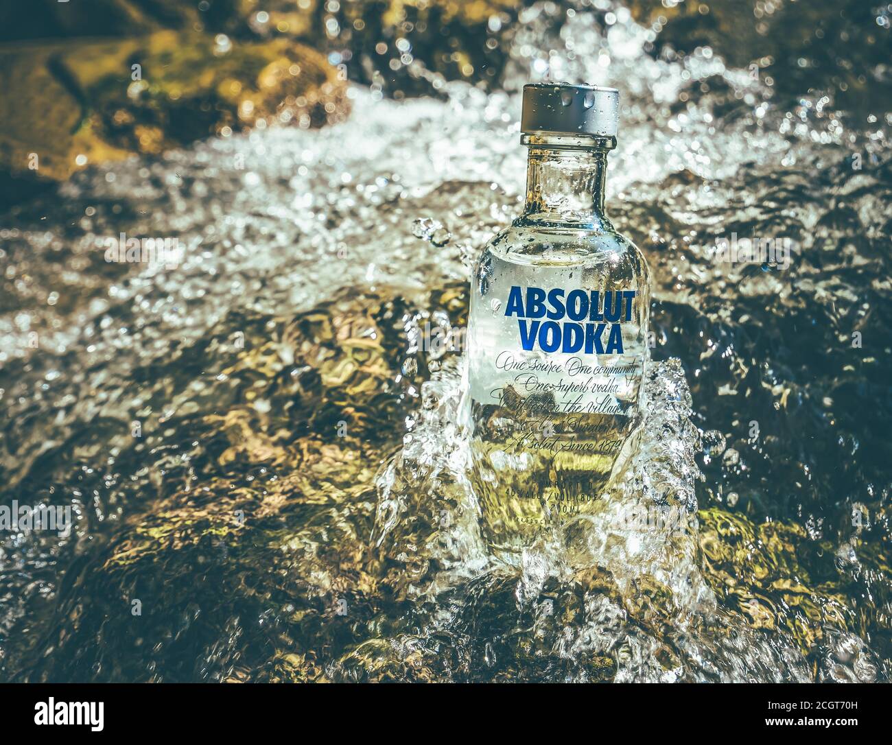 Brasov/Romania - 08.28.2020: A bottle of Absolut Vodka in the waters of ...