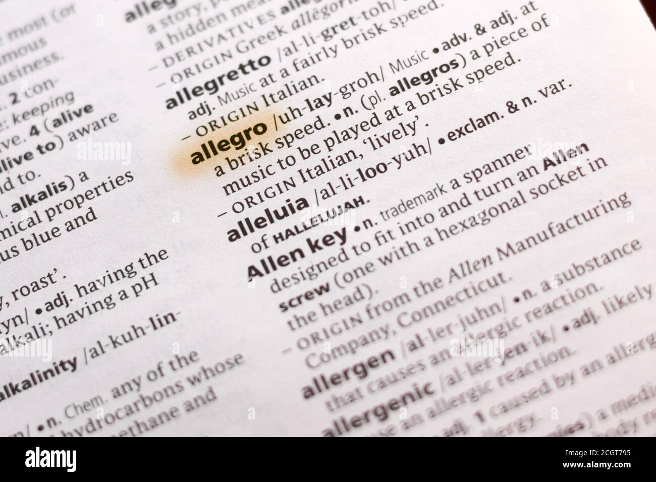 The word or phrase Allegro in a dictionary highlighted with marker ...