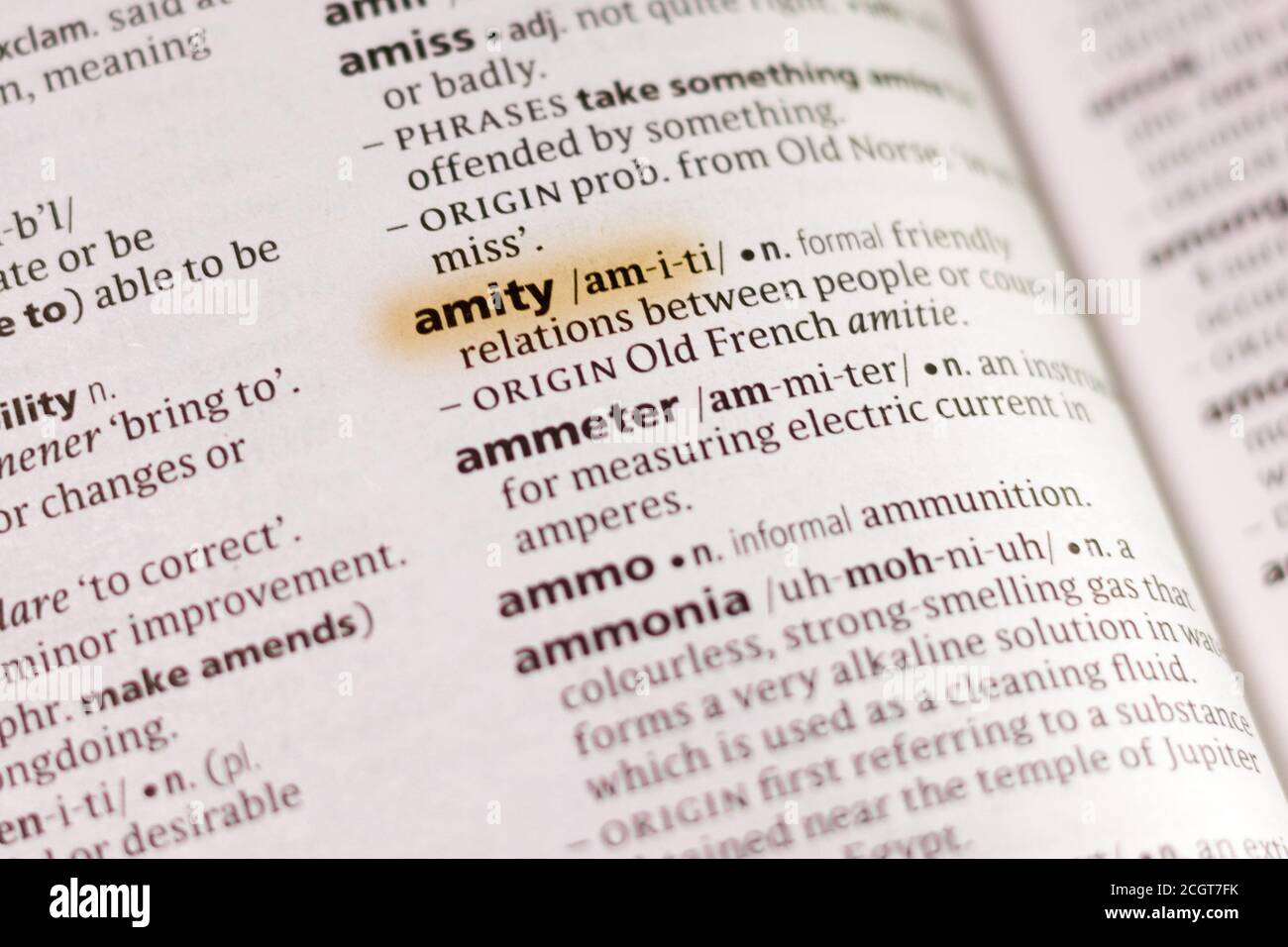 The word or phrase Amity in a dictionary highlighted with marker Stock ...
