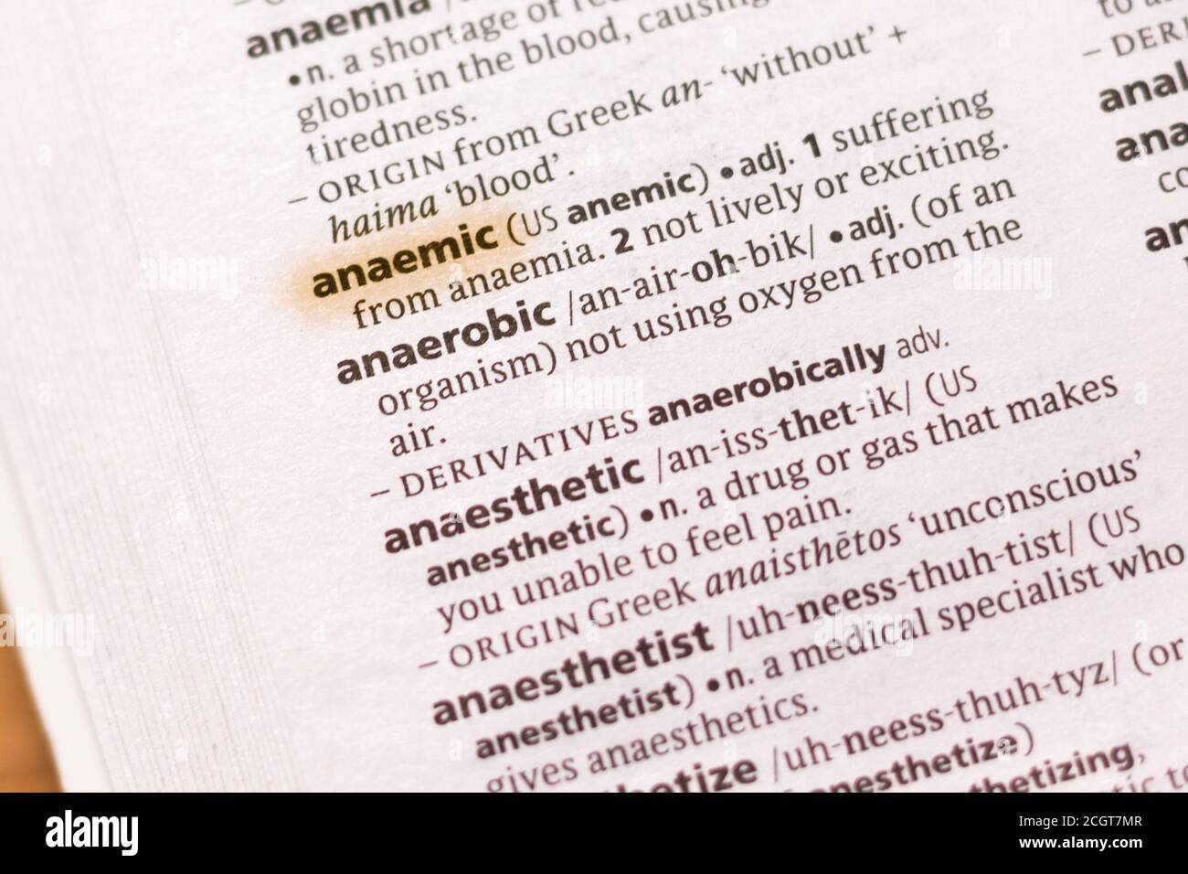The word or phrase Anaemic in a dictionary highlighted with marker ...