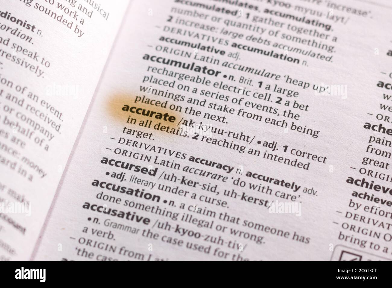 The word or phrase Accurate in a dictionary highlighted with marker ...