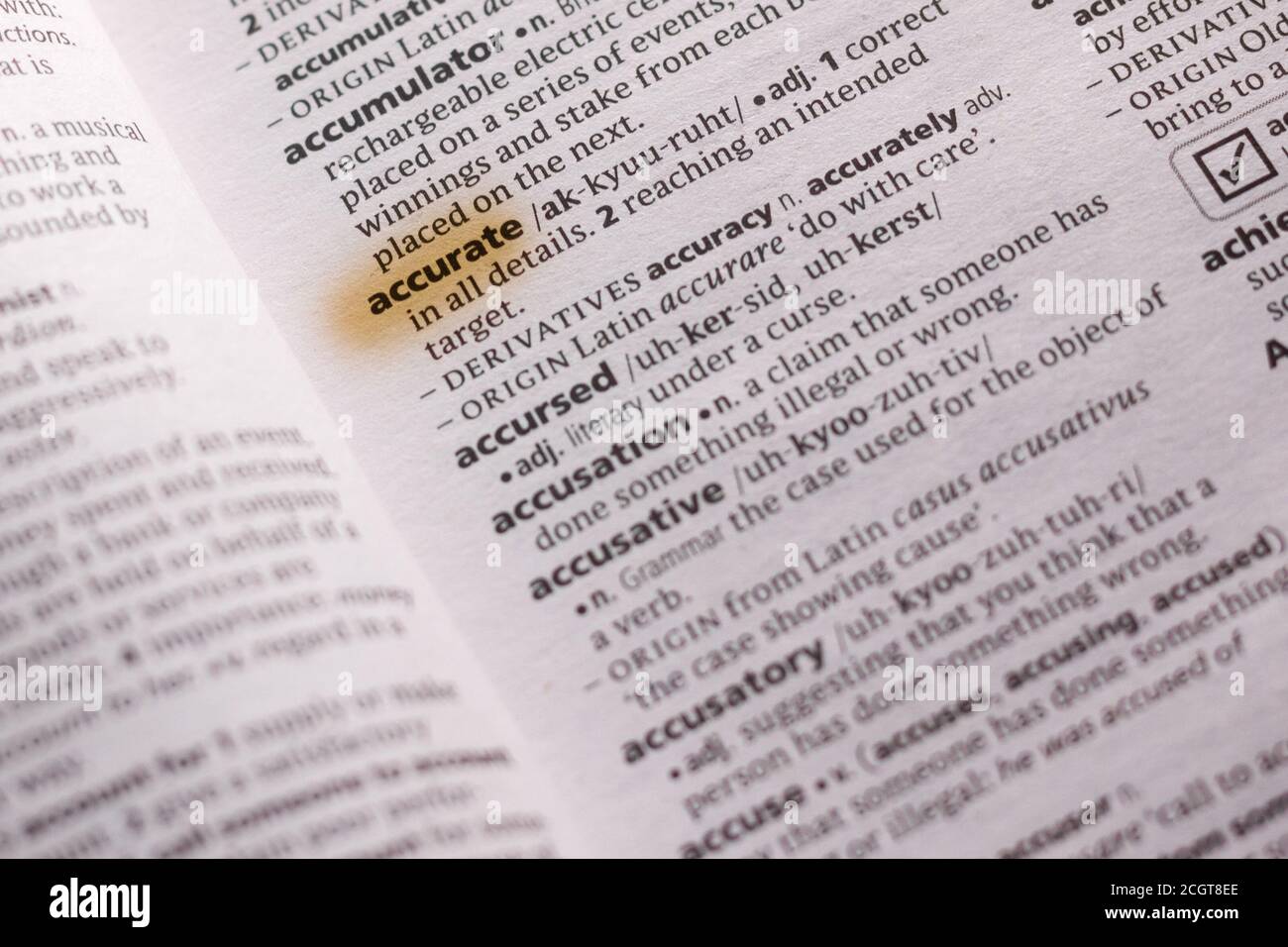 The word or phrase Accurate in a dictionary highlighted with marker ...