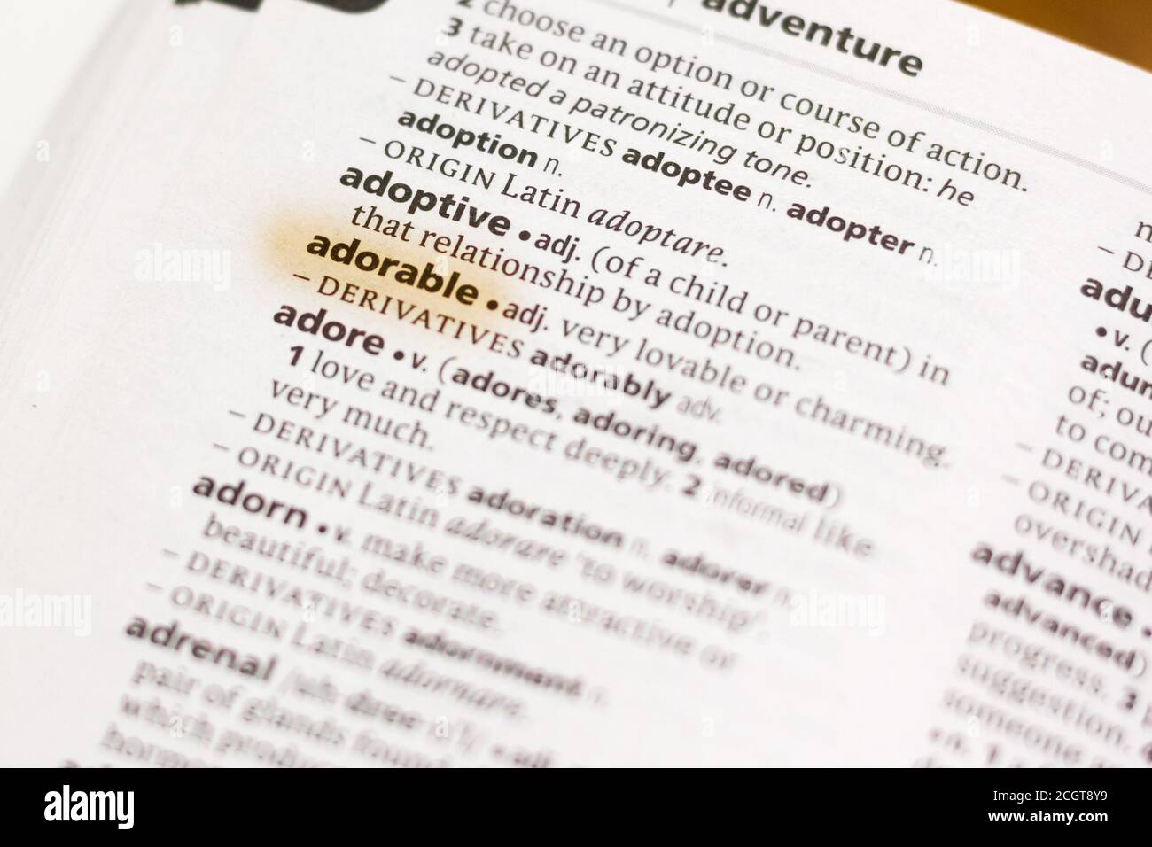 The word or phrase Adorable in a dictionary highlighted with marker ...