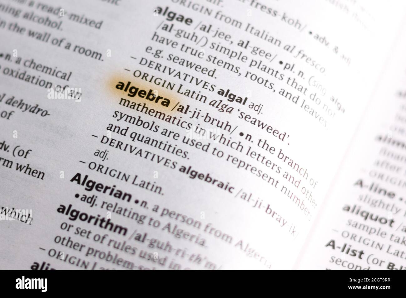 The word or phrase Algebra in a dictionary highlighted with marker ...
