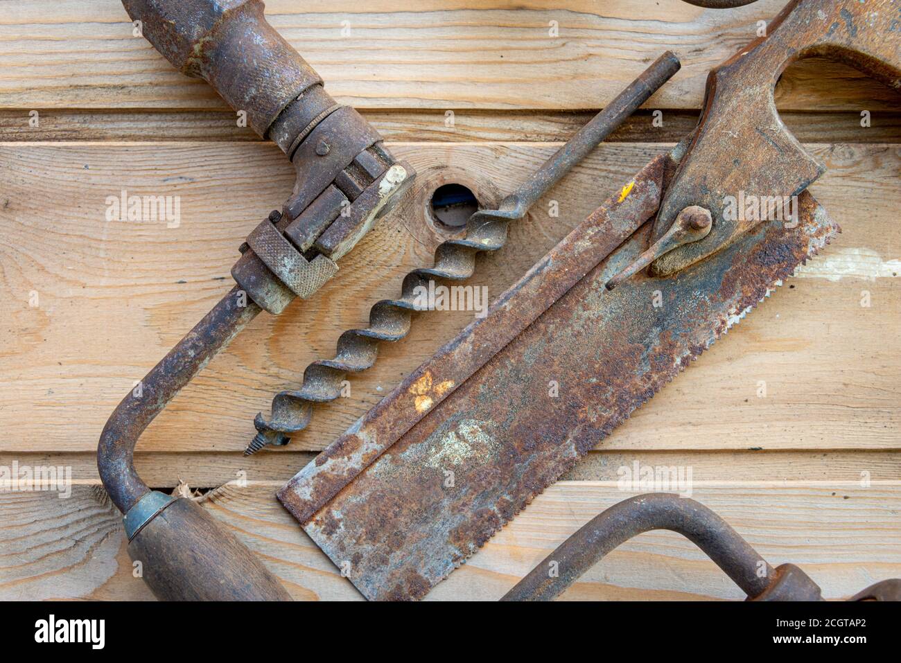 Old used tools on wooden hi-res stock photography and images - Alamy