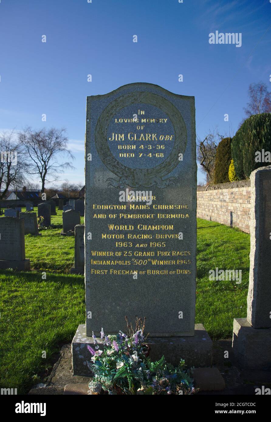 Gravestone of twice F1 World Champion Jim Clark in the graveyard of ...