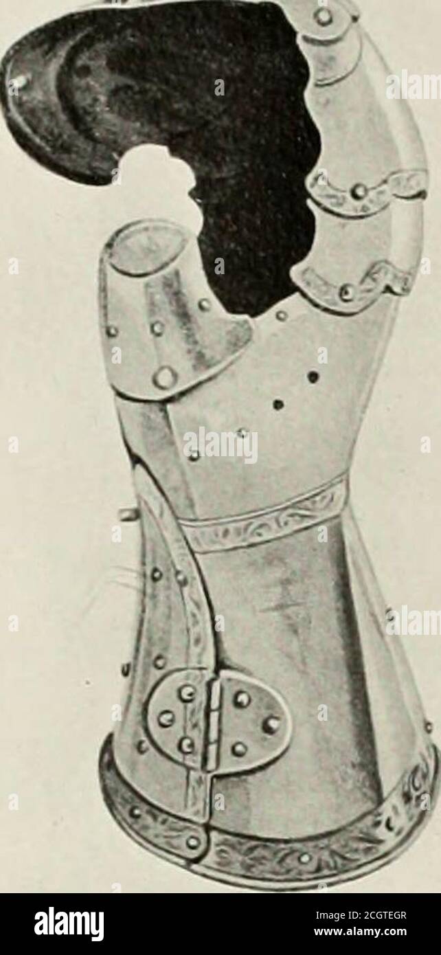 . Royal and historic gloves and shoes . gauntlet of steel, engraved on ...