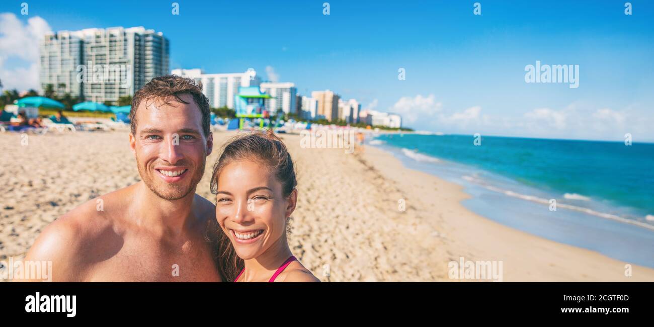Miami Beach Happy Couple Taking Selfie On Usa Florida On Summer Travel