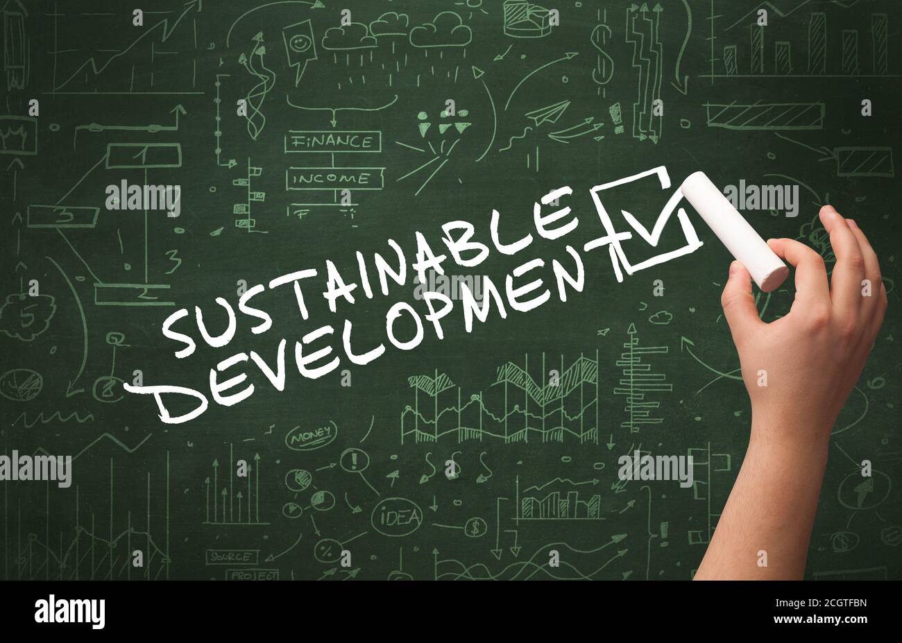 Hand drawing SUSTAINABLE DEVELOPMENT inscription with white chalk on ...