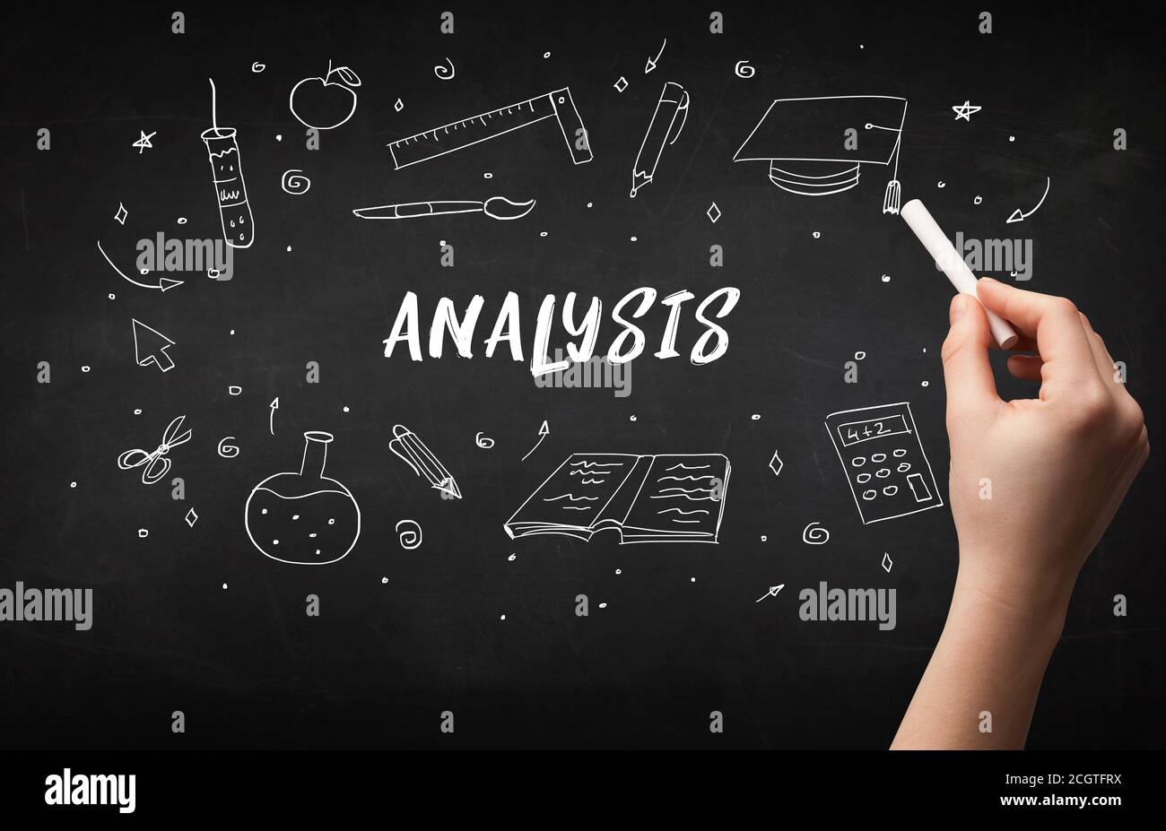 Hand drawing ANALYSIS inscription with white chalk on blackboard ...