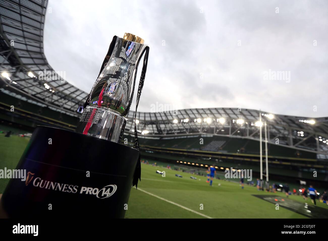 The trophy on a plinth pitch side during the Guinness Pro14 final at ...