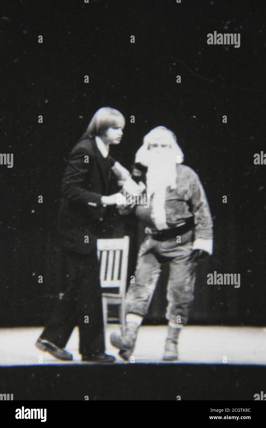 Fine 70s vintage black and white photography of Santa Claus on stage ...
