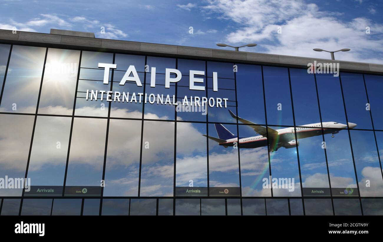 Jet aircraft landing at Taipei Taoyuan, Taiwan 3D rendering ...