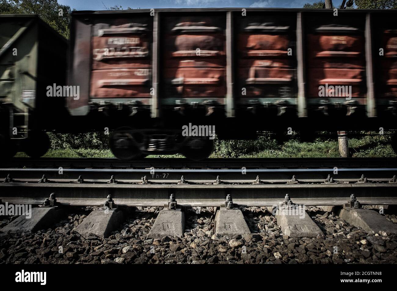 Railway carriage on rails, moving, blured by low shutter speed Stock ...