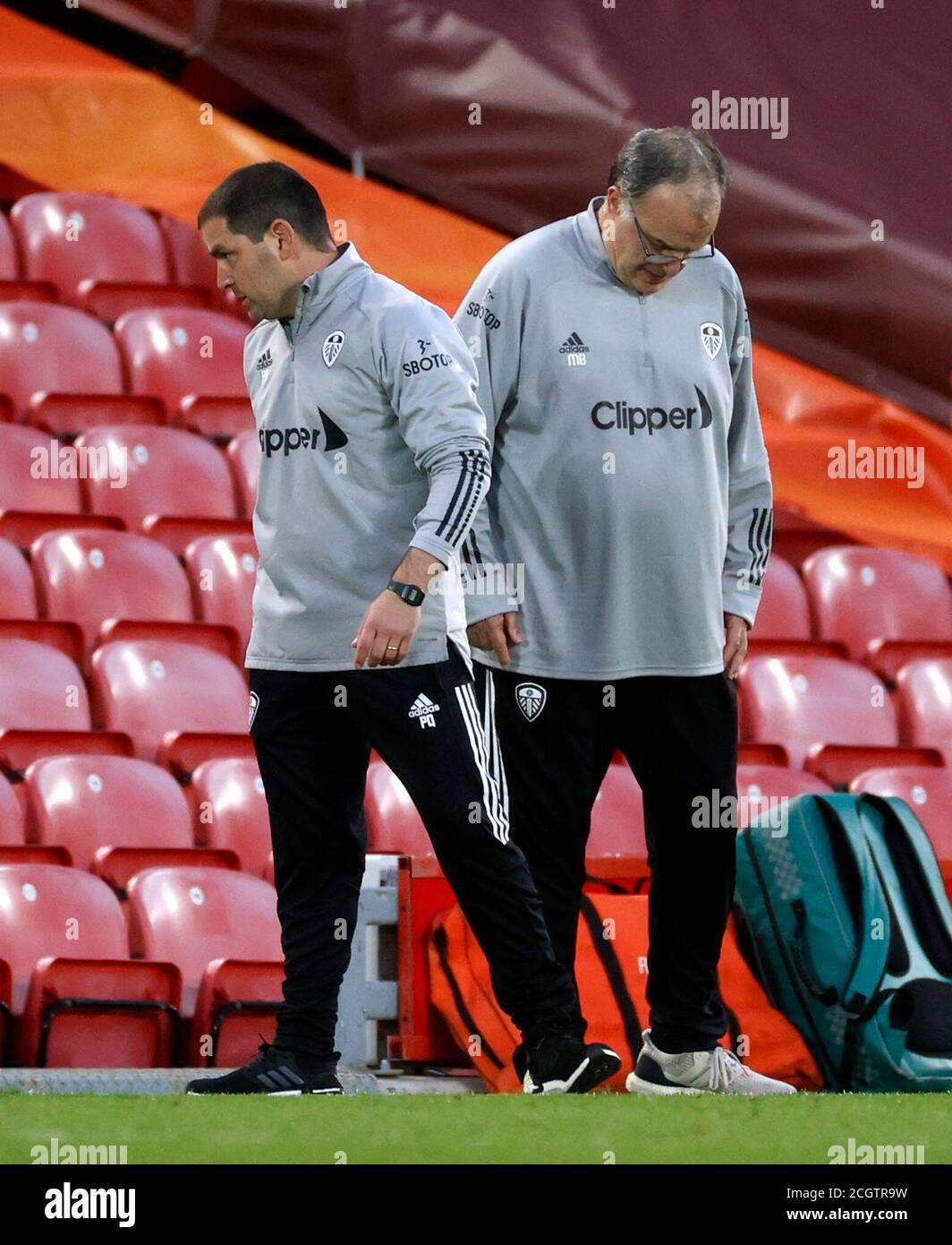 Leeds United manager Marcelo Bielsa (right) appears dejected during the ...