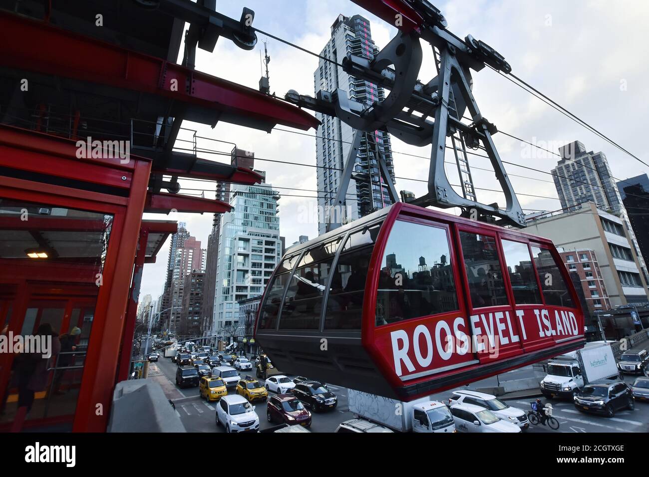New York City, USA - December 6, 2019. Roosevelt Island cable tram car ...