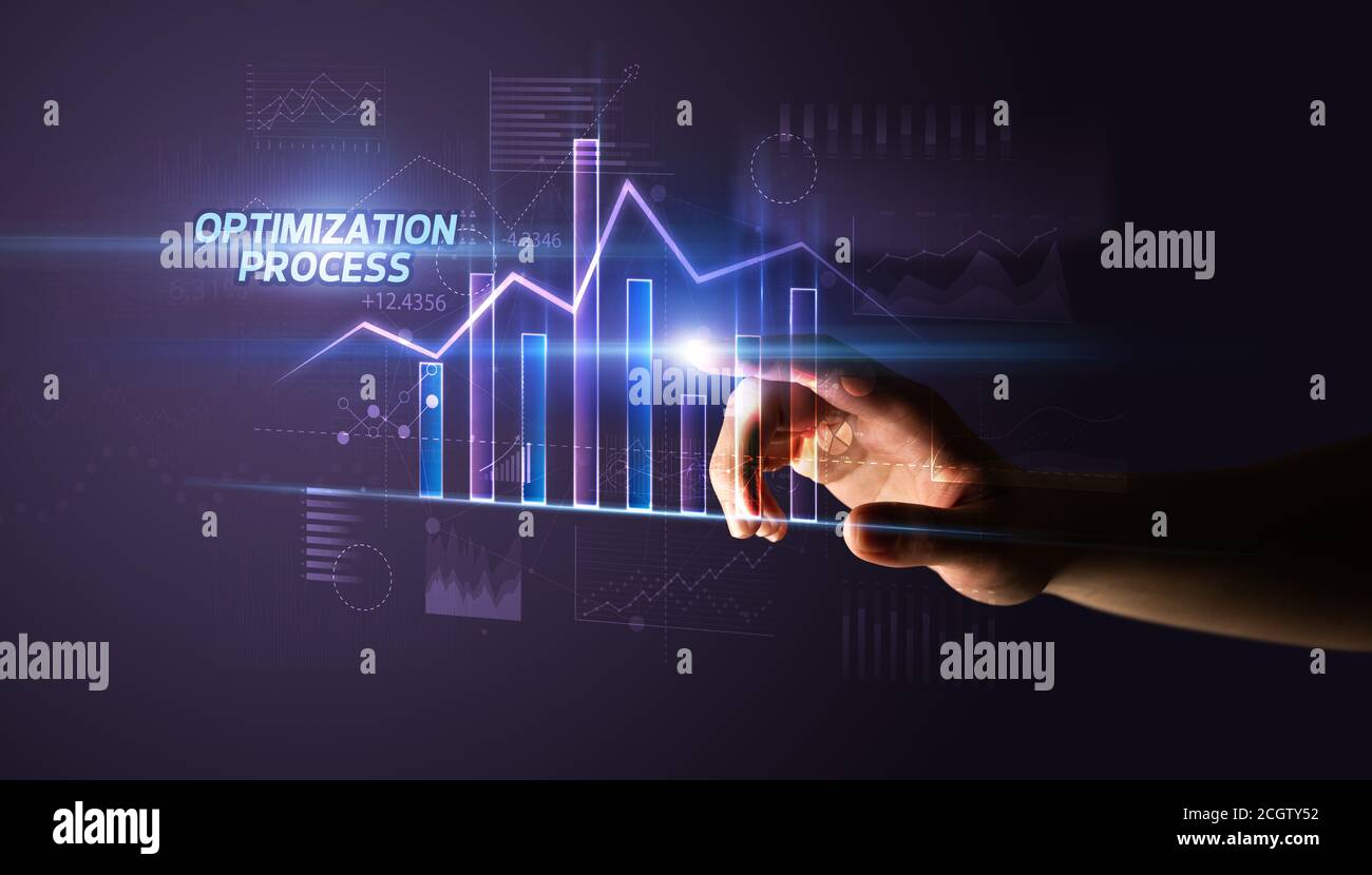 Hand touching OPTIMIZATION PROCESS button, business concept Stock Photo ...