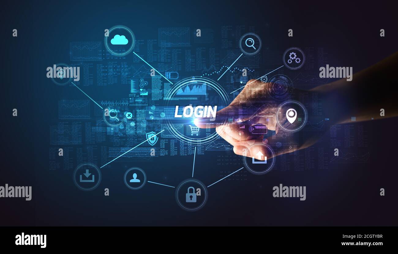 Hand touching LOGIN inscription, Cybersecurity concept Stock Photo - Alamy